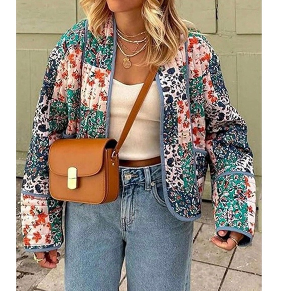Jackets & Coats | Boho Floral Print Patchwork Quilted Open Front Jacket ...